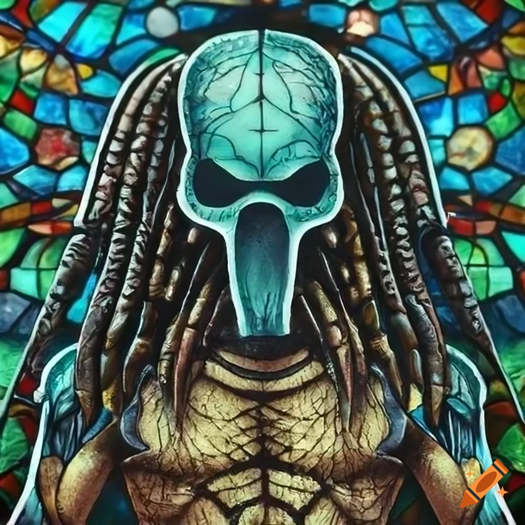 Stained glass art of the predator on Craiyon