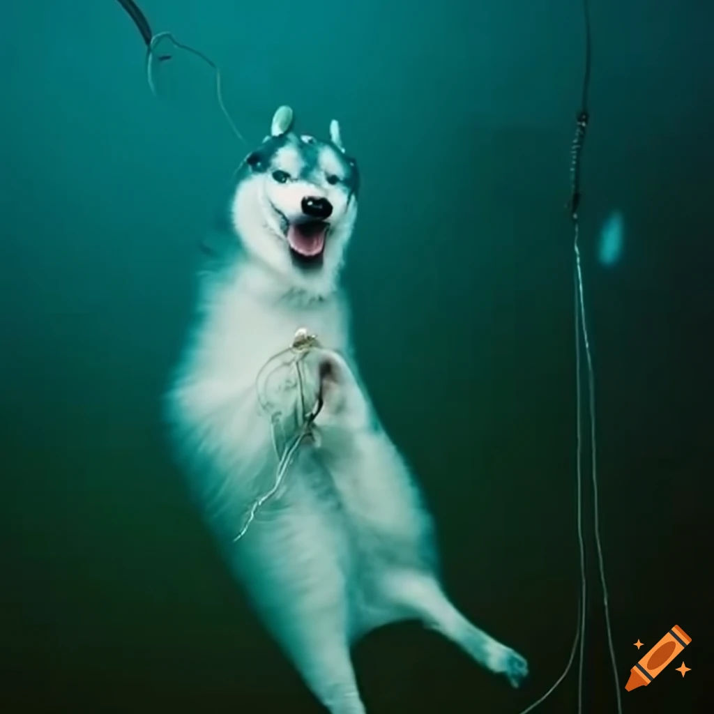 Underwater image of a husky suspended on a fishing line