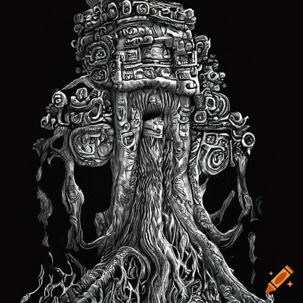 Detailed ink drawing of the Mayan tree of life on Craiyon