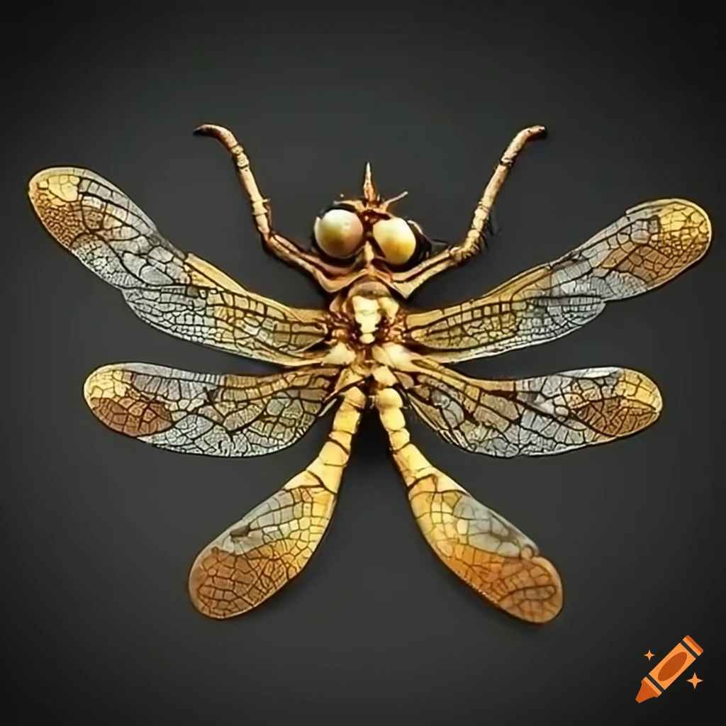 Intricate golden dragonfly specimen