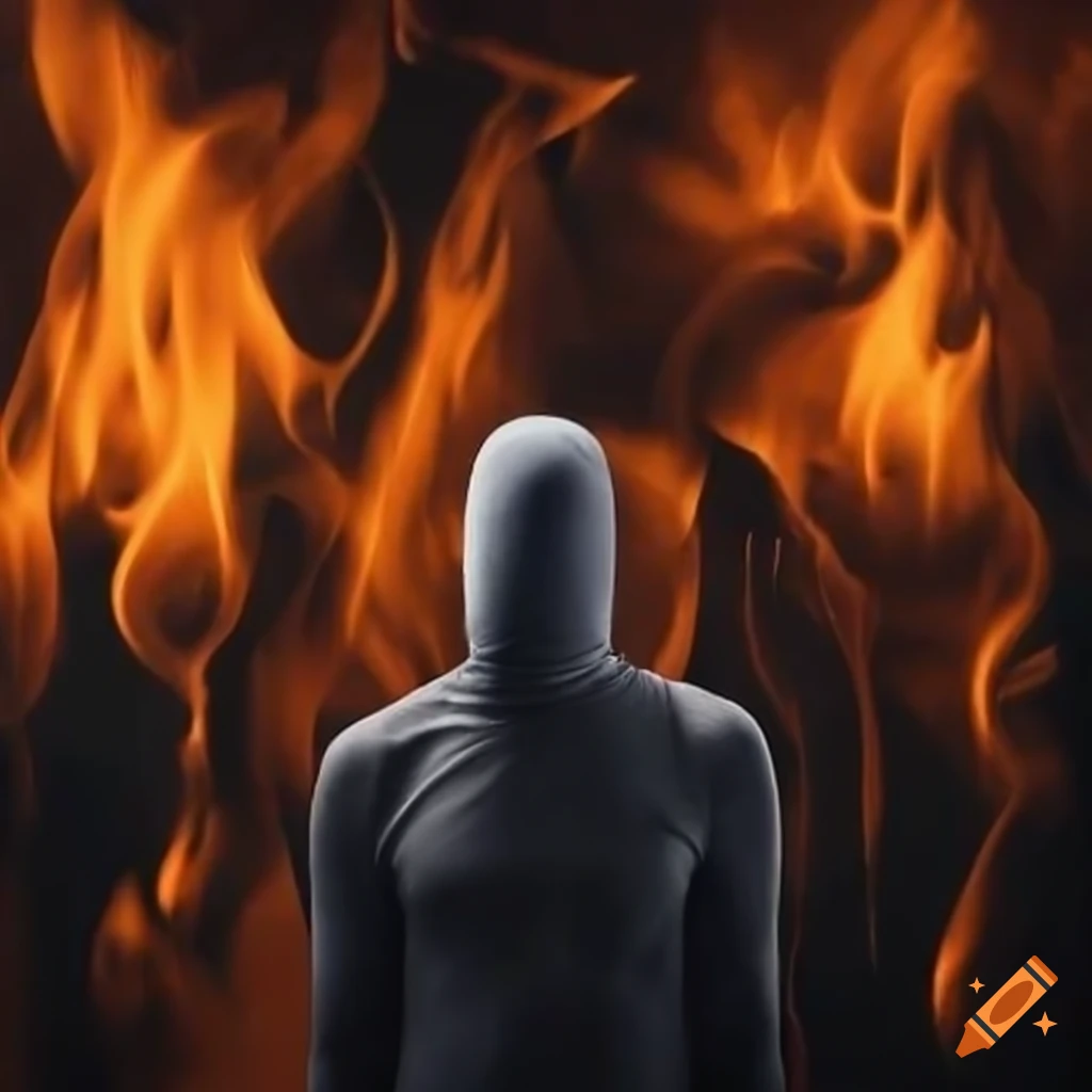 Surreal art of a faceless man surrounded by flames on Craiyon