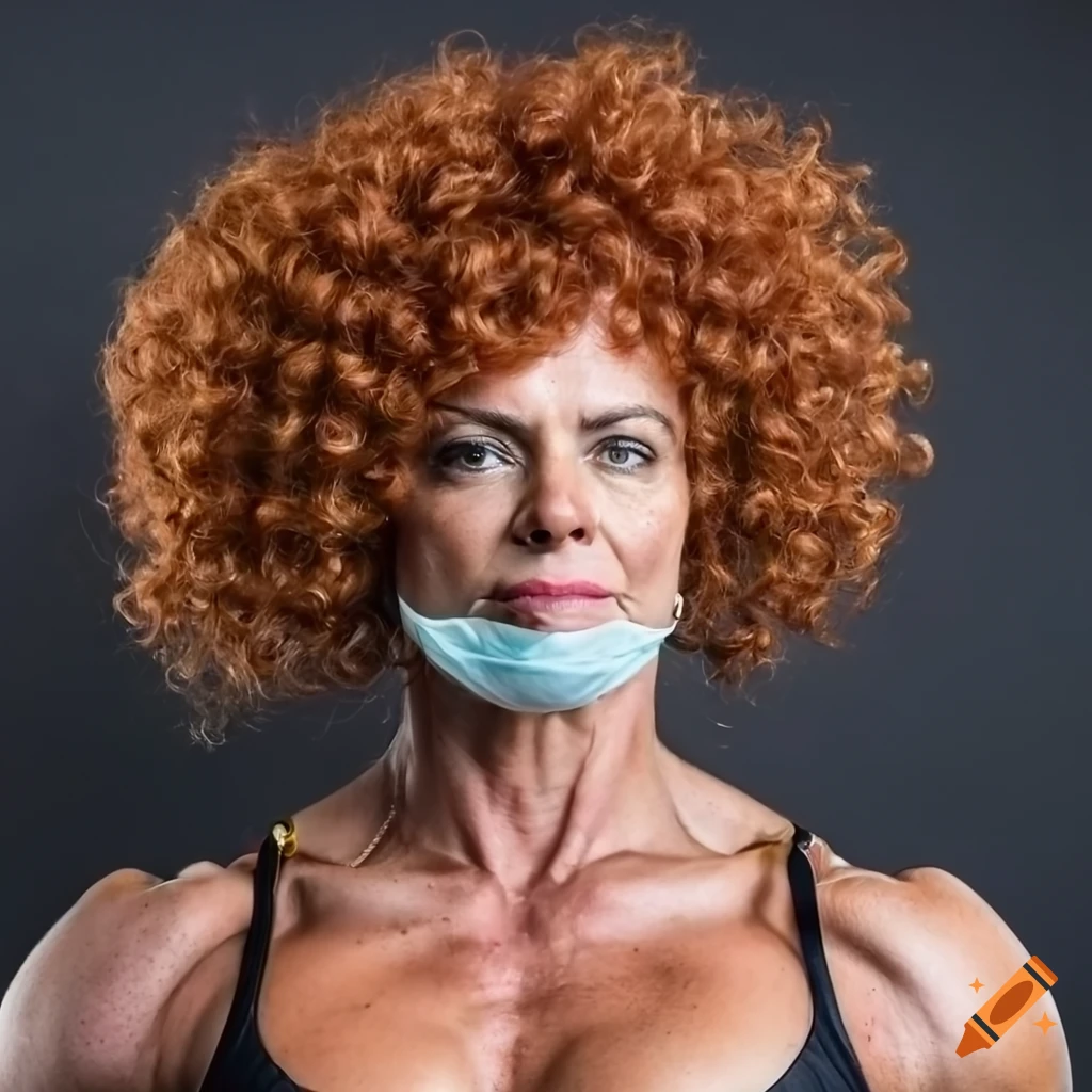 Photorealistic portrait of a female bodybuilder with curly ginger hair ...