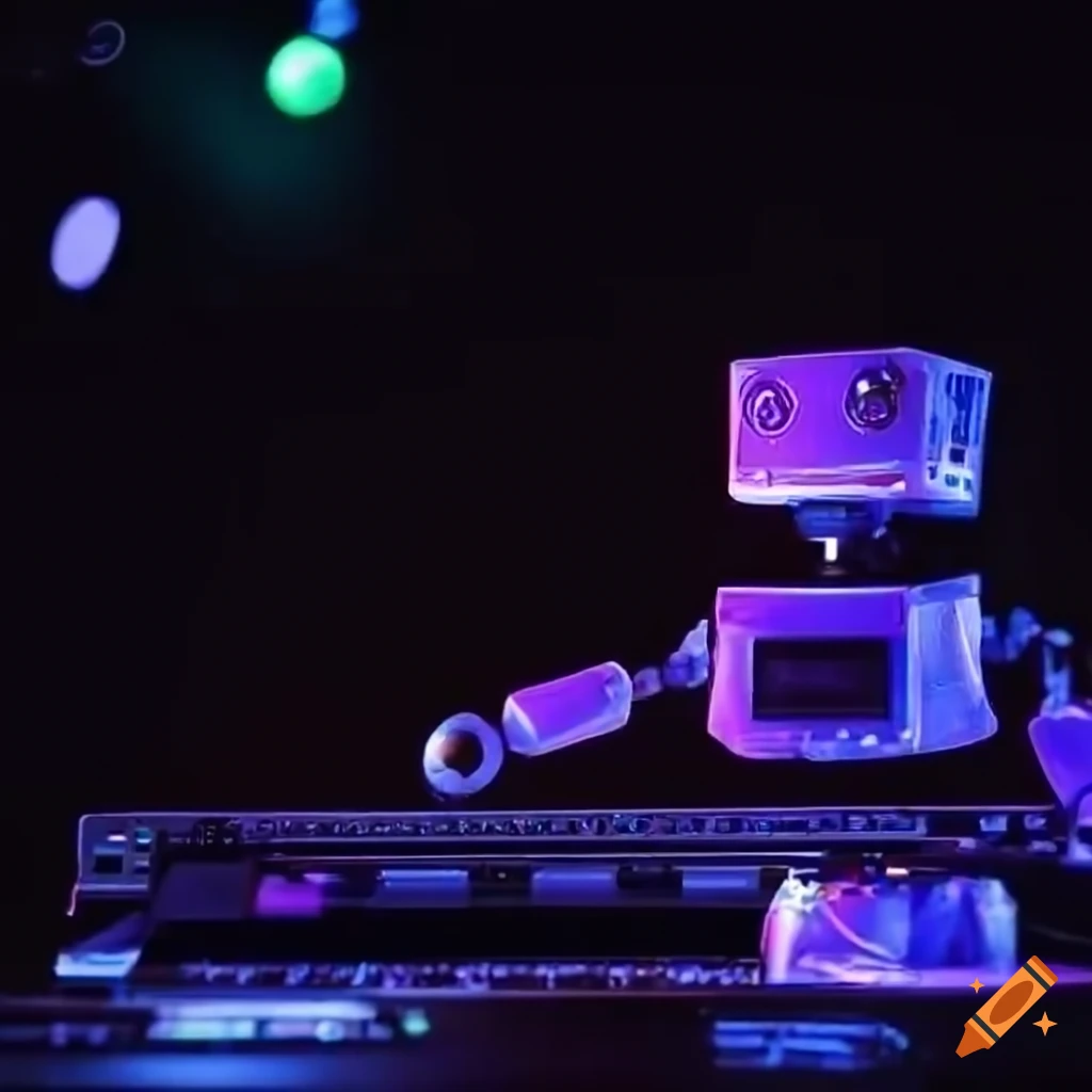 Colorful robot playing piano synth on stage on Craiyon