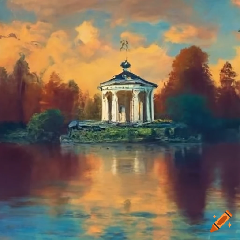 Neoclassical landscape painting with a river and silver balcony on Craiyon