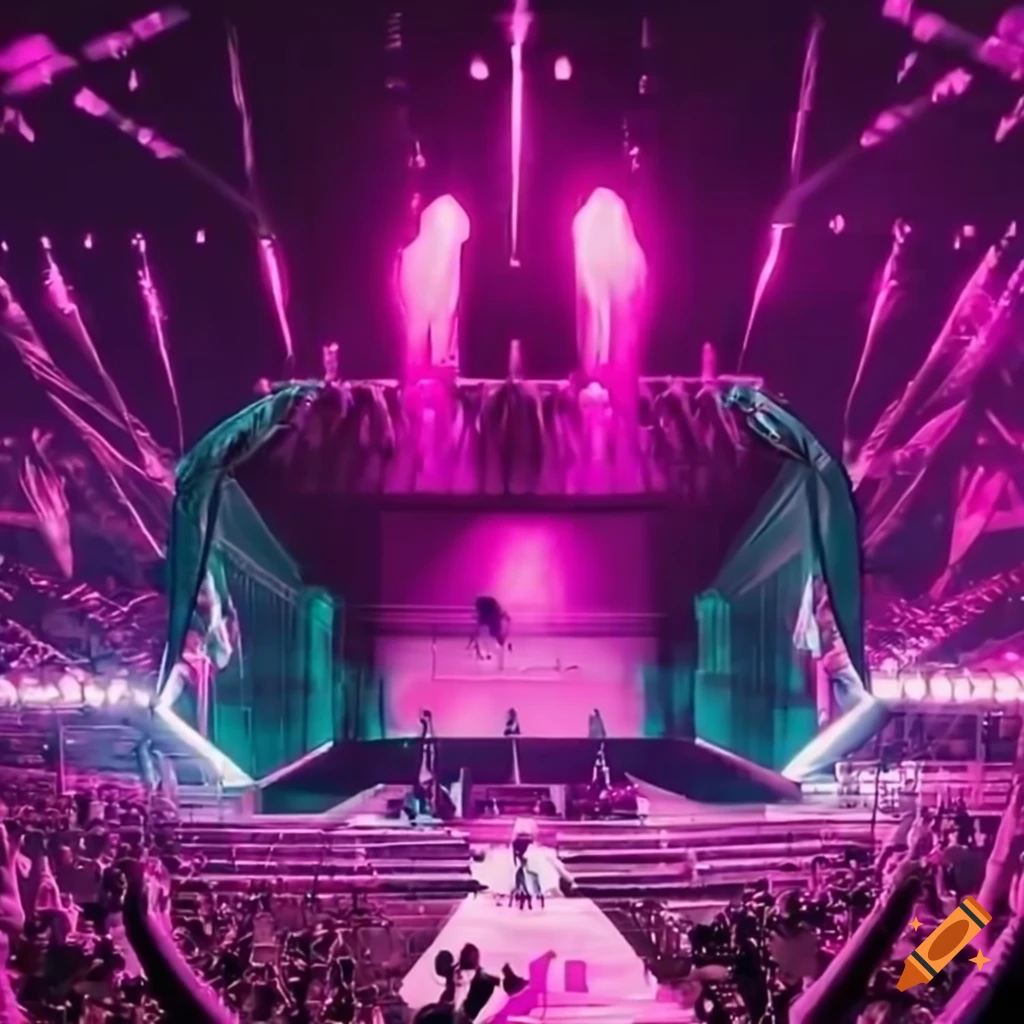 Dua lipa performing on a pink stage on Craiyon