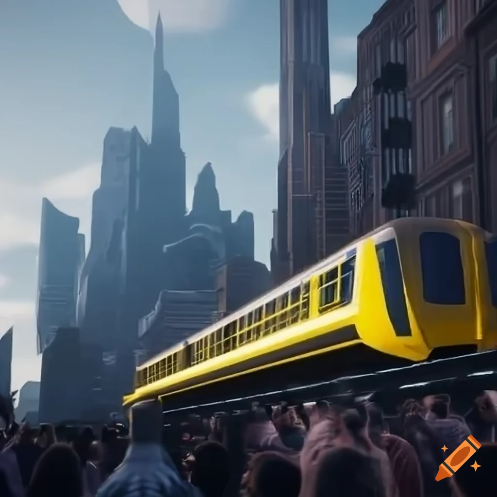 Sci-fi scene of a man waving from a futuristic train in a sci-fi city on Craiyon
