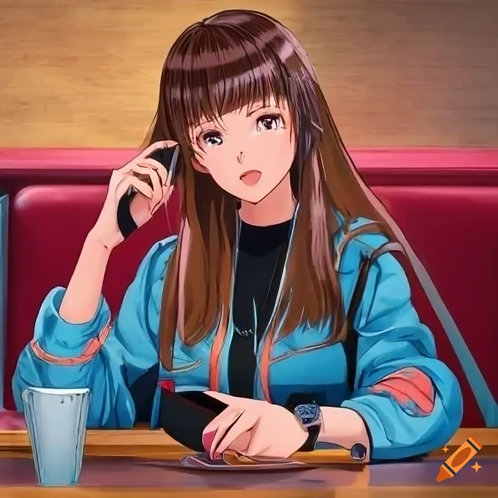 Detailed illustration of a stylish anime girl in a diner on Craiyon