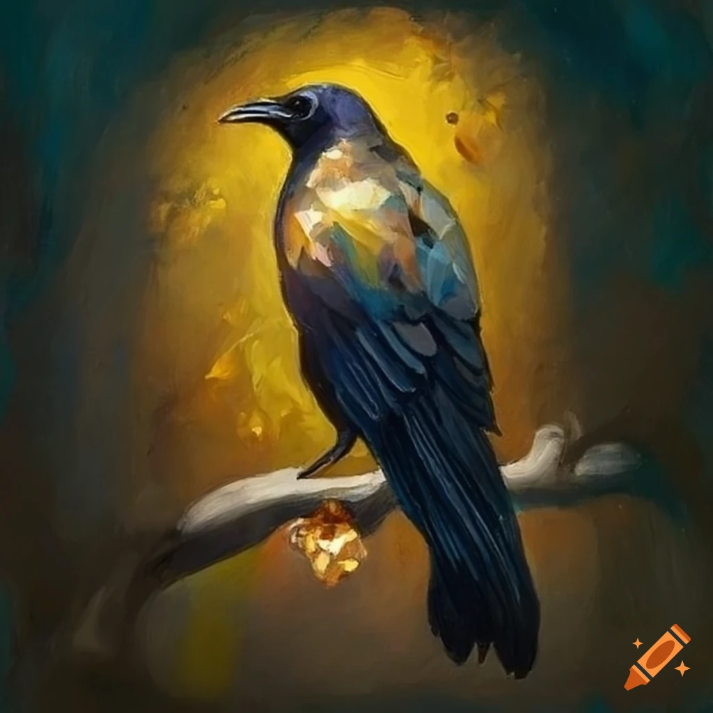 Impressionist painting of a crow with a yellow flower and a citrine ...