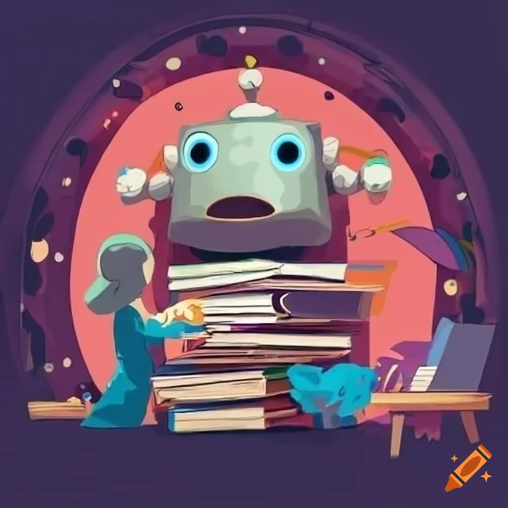 Studio Ghibli-style artwork of a librarian working with a robot in a ...