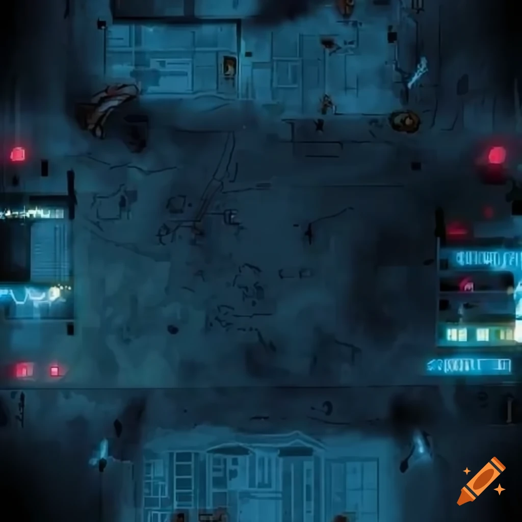 Top-down map of a dark city street with neon lights on Craiyon