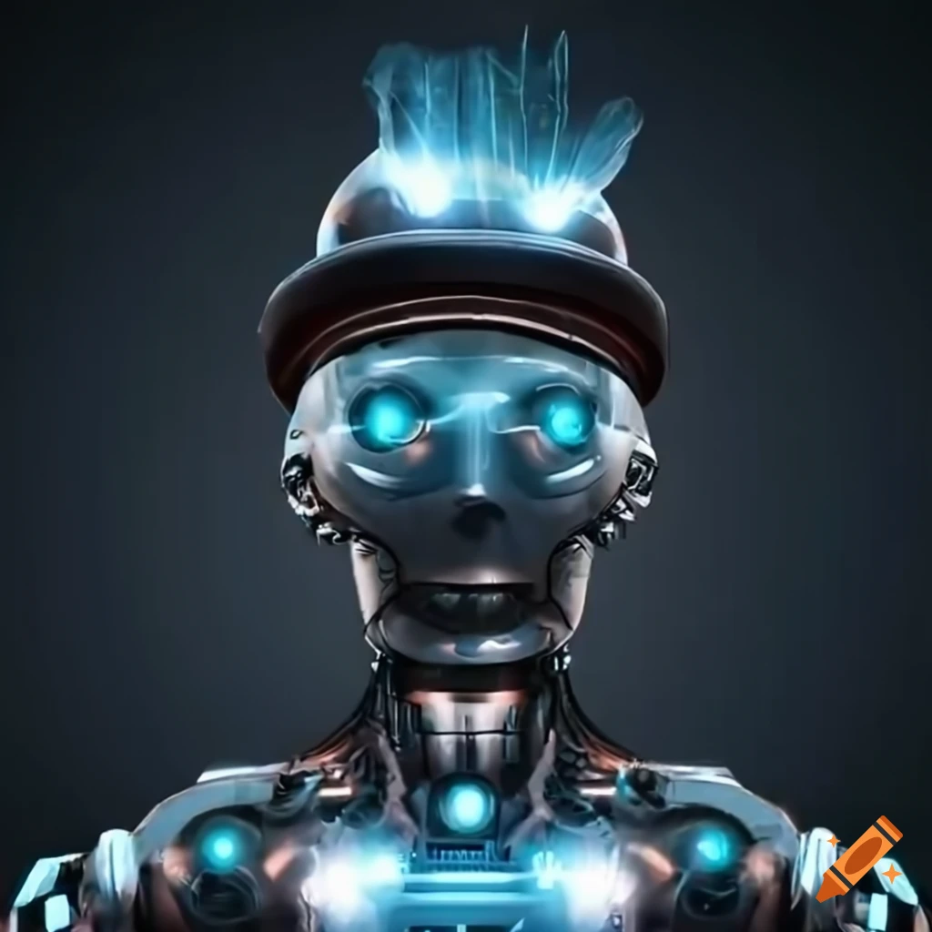 Futuristic DJ robot with a metallic sheen wearing a bowler hat on Craiyon