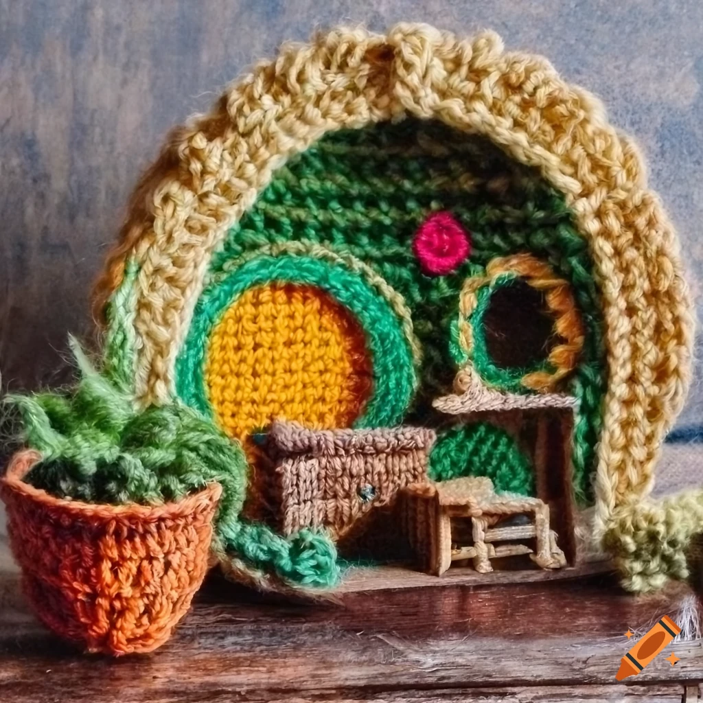 Crocheted hobbit house on a table on Craiyon