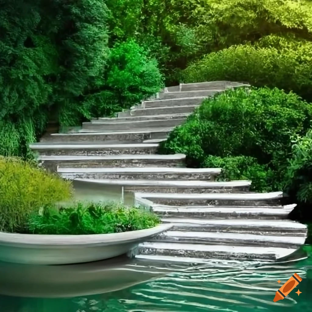 Curved silver stairs in a garden leading to a balcony