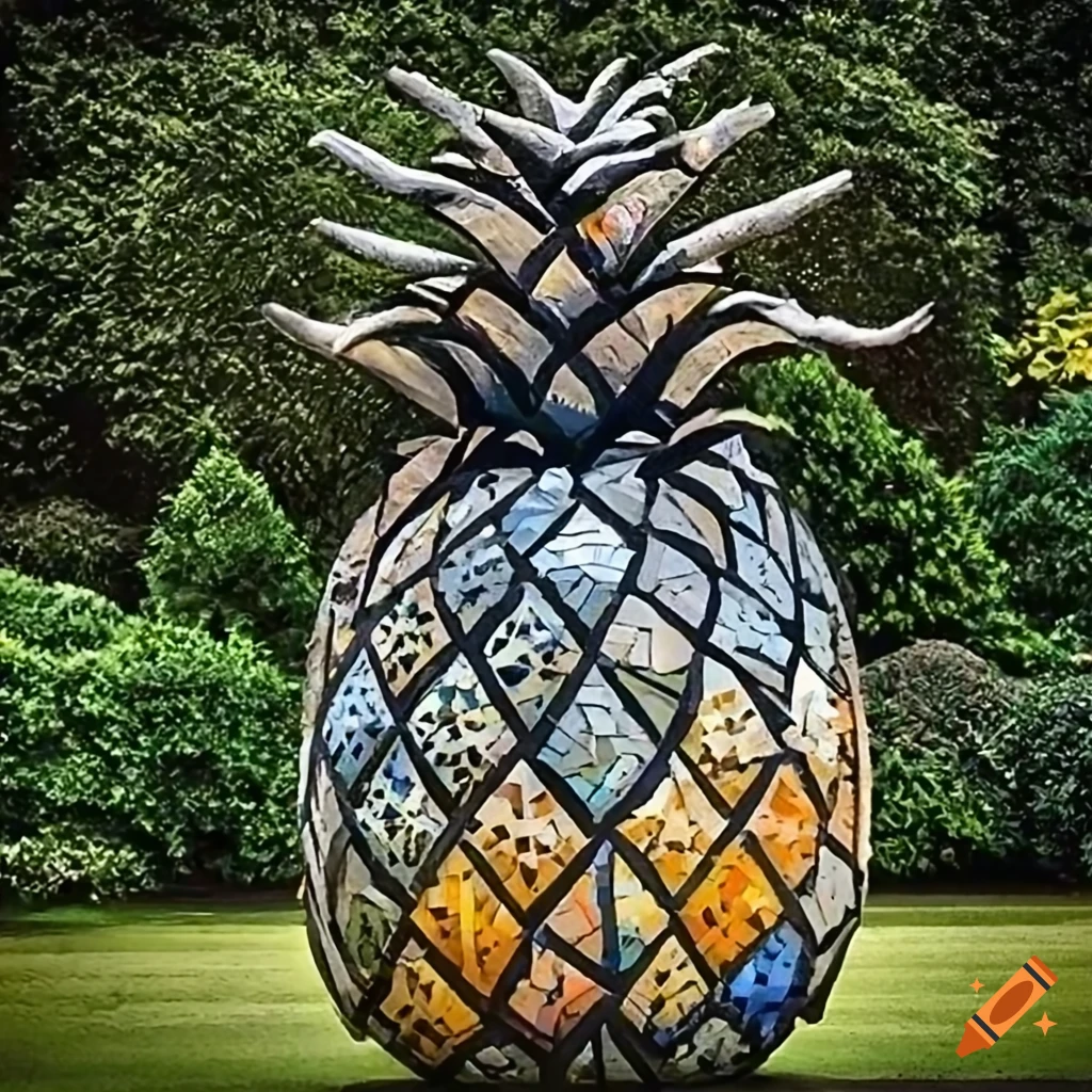 Mosaic pineapple sculpture in a garden on Craiyon