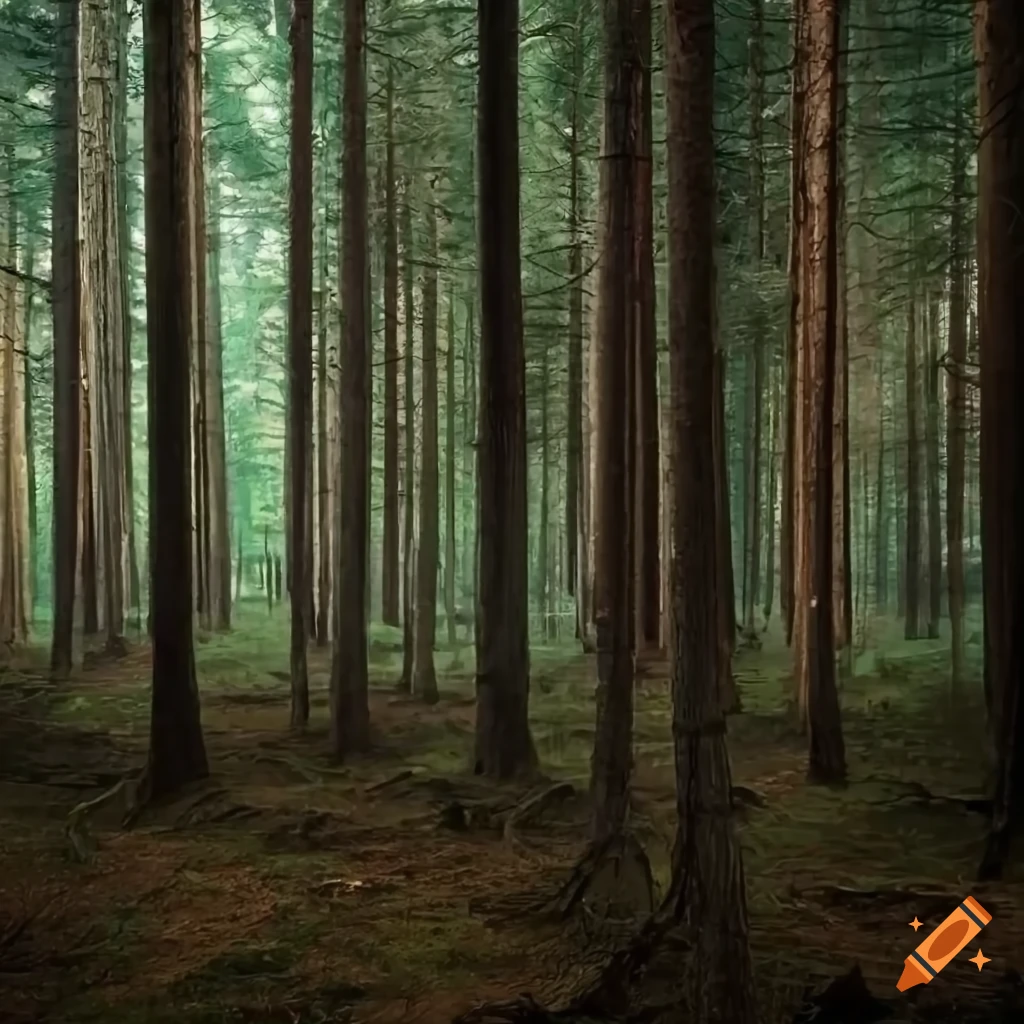 Detailed forest landscape with pine trees on Craiyon