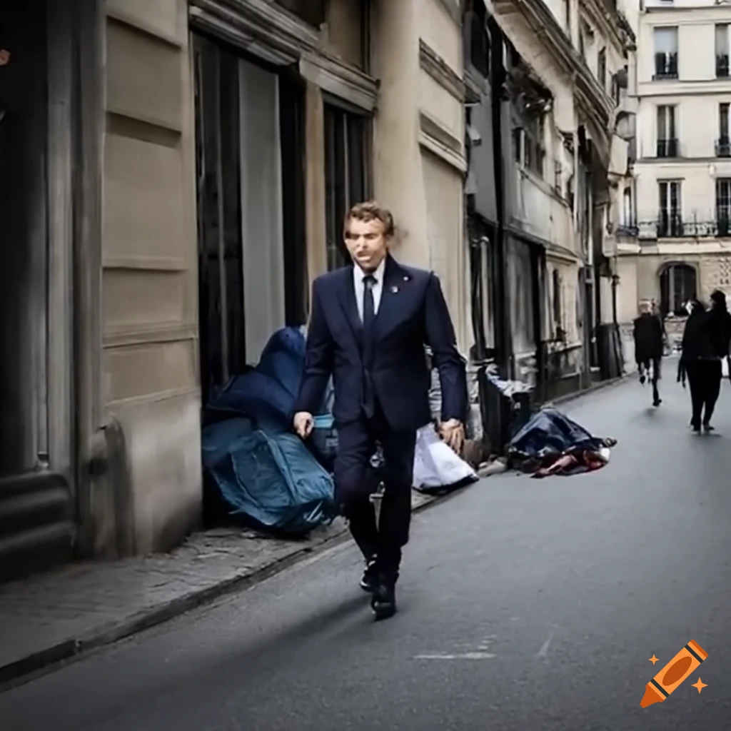 Emmanuel macron walking with a homeless person in paris