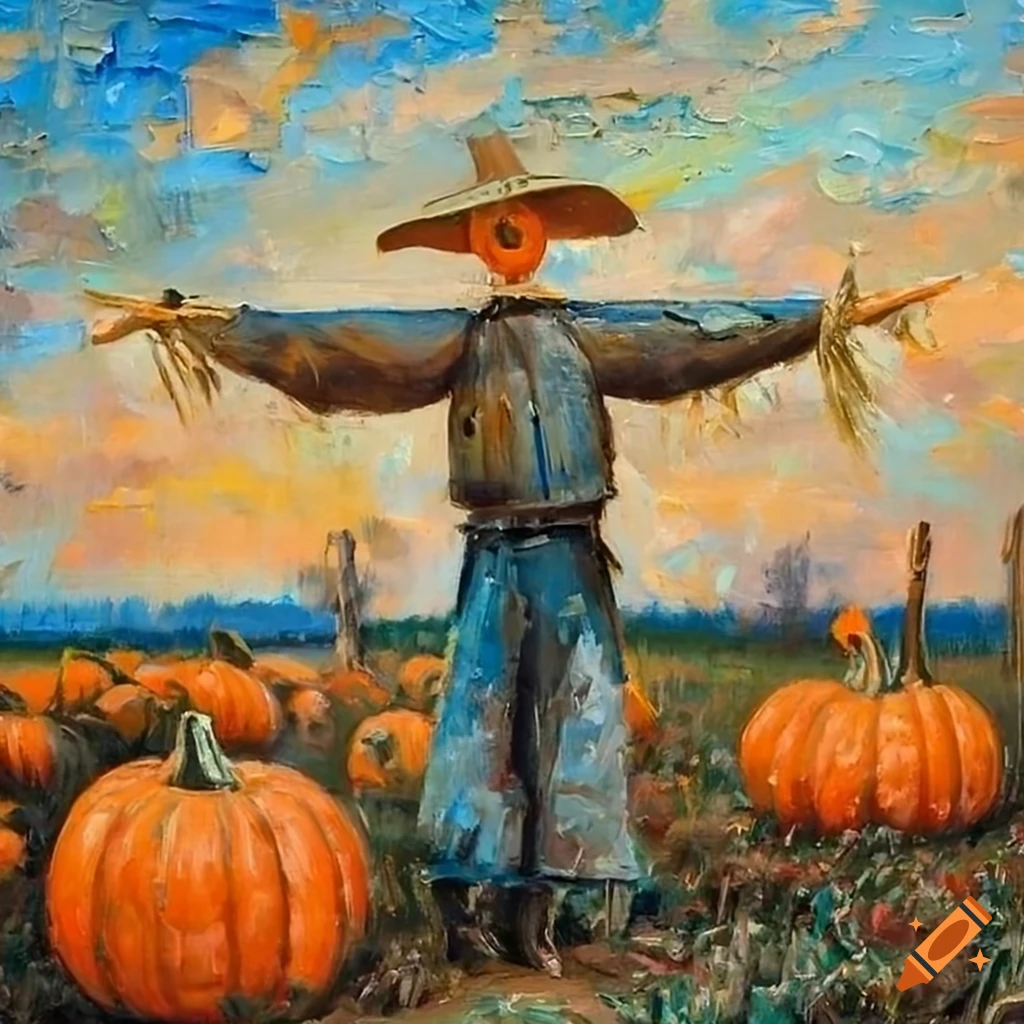 Detailed oil painting of a scarecrow in a pumpkin field on Craiyon