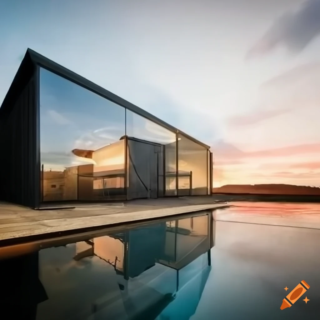 Modern building with flat roof and glass front on Craiyon