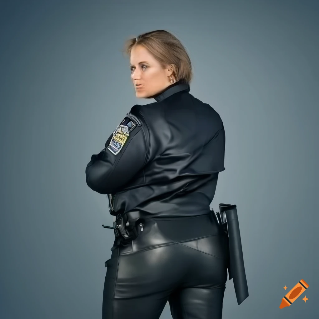 Confident policewoman in black leather trousers