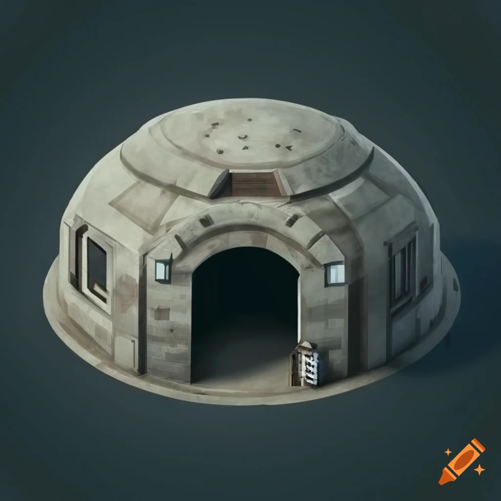 Isometric view of a fortified concrete bunker on Craiyon