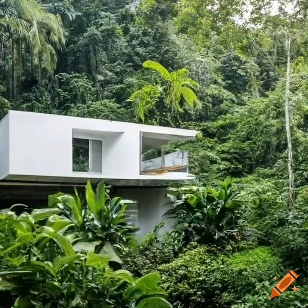 Photo realistic white minimalist house surrounded by lush greenery on ...