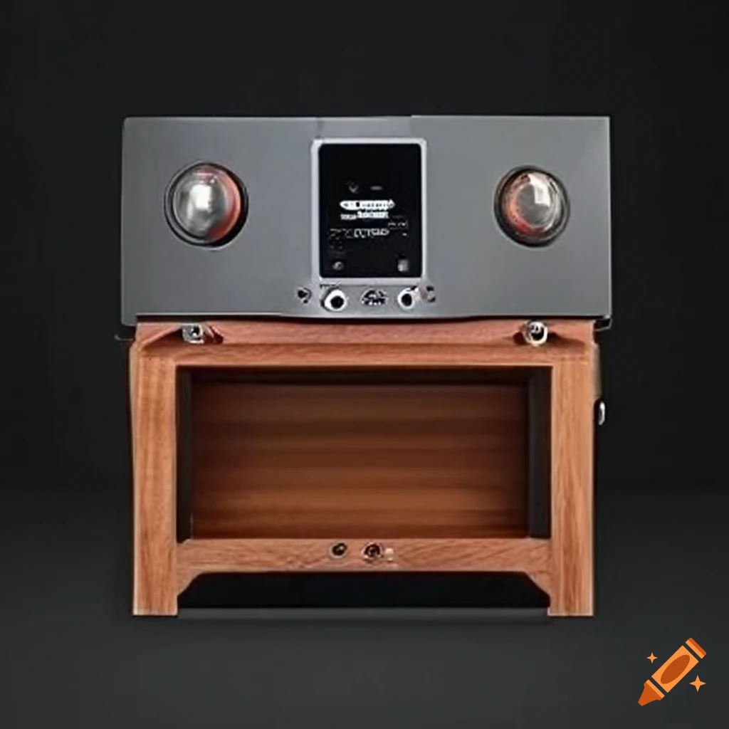 Wooden and aluminum audio amplifier with green light on Craiyon