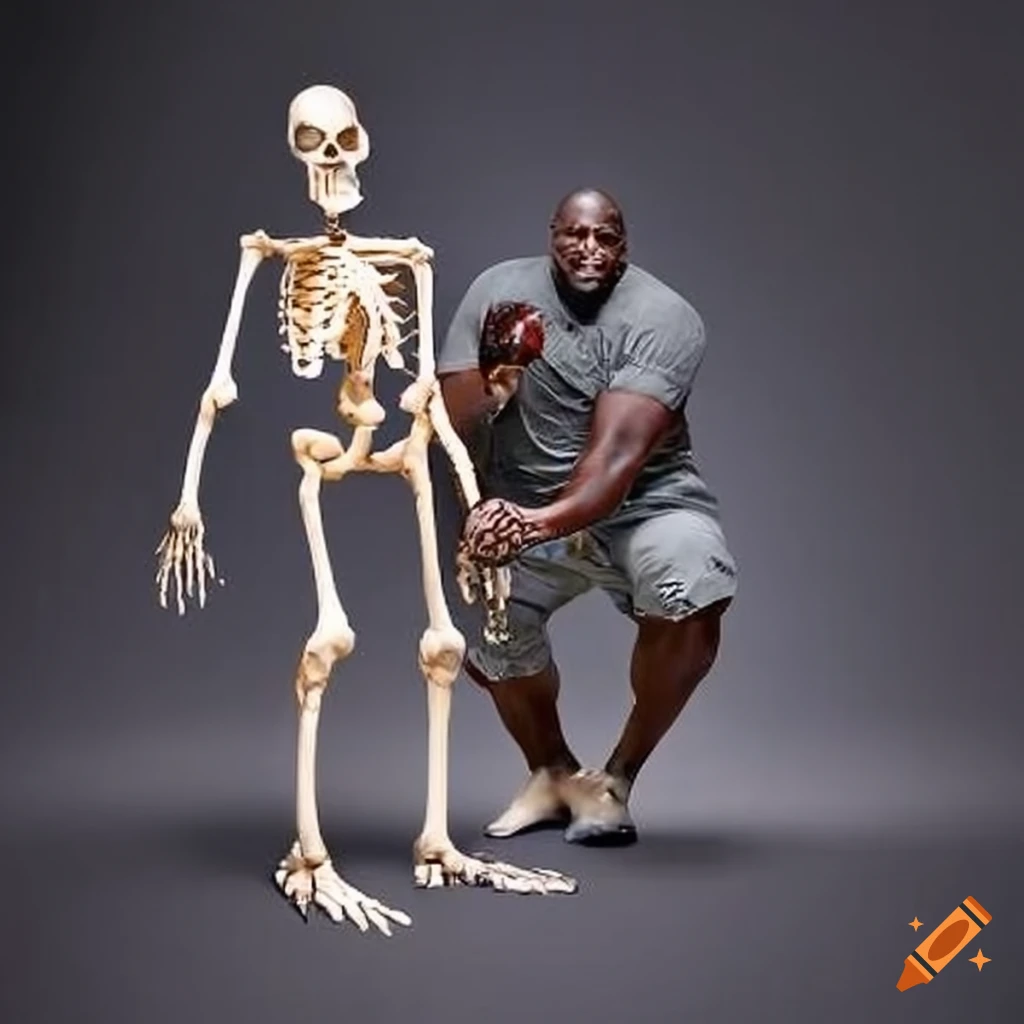Shaq standing next to a 12-foot skeleton