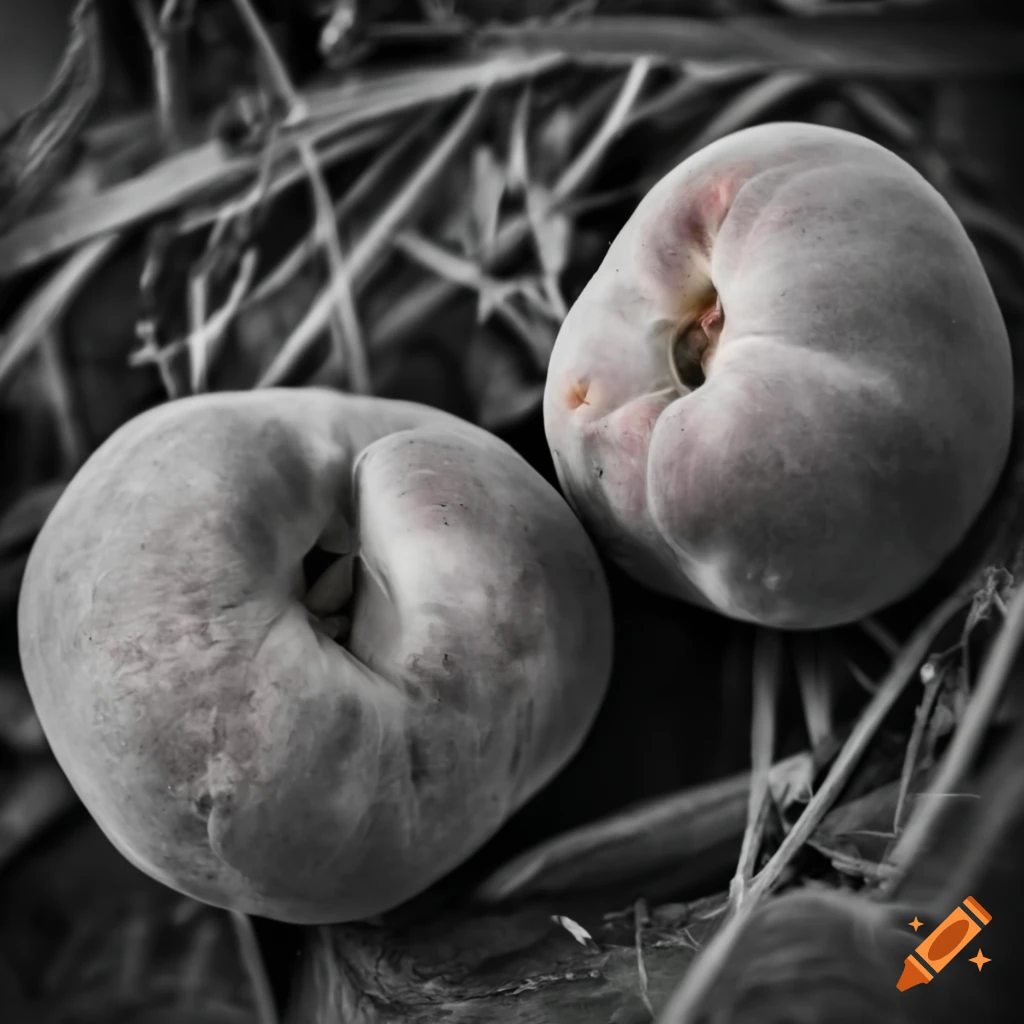 Monochrome photograph of two old peaches in grass on Craiyon