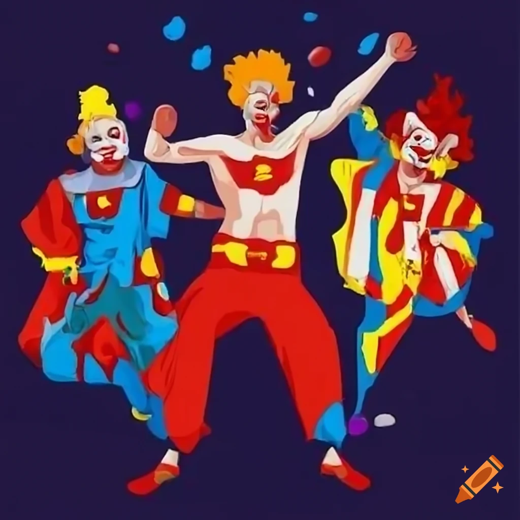 Superhero clowns bouldering in a gym