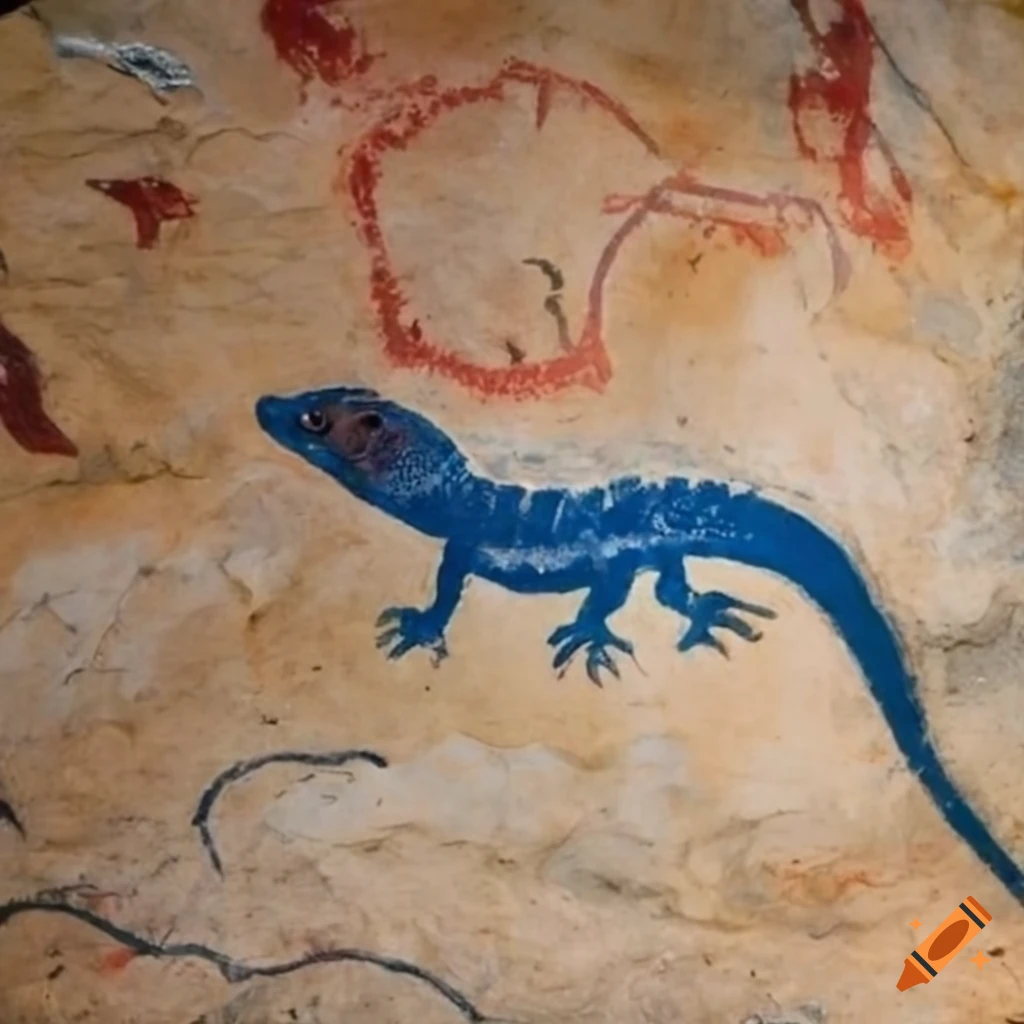 Cave painting of a blue giant lizard on Craiyon