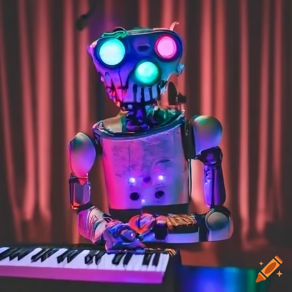 Closeup view of a robot playing a synthesizer on a stage on Craiyon