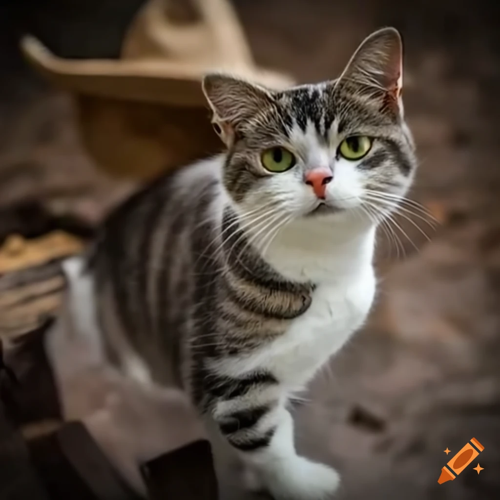 Cat dressed as a cowboy in a classic western movie scene