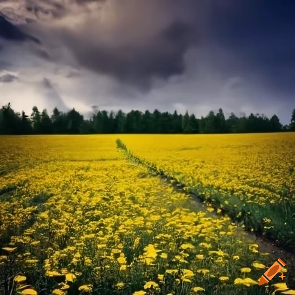 Detailed image of a mystical field of yellow flowers on Craiyon