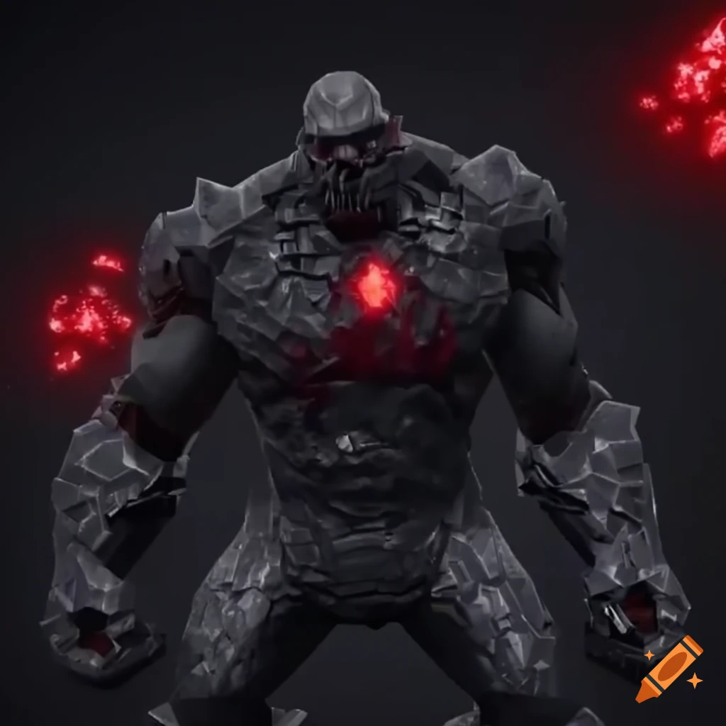 Portrait of a black stone armored golem cyborg with red glowing ...