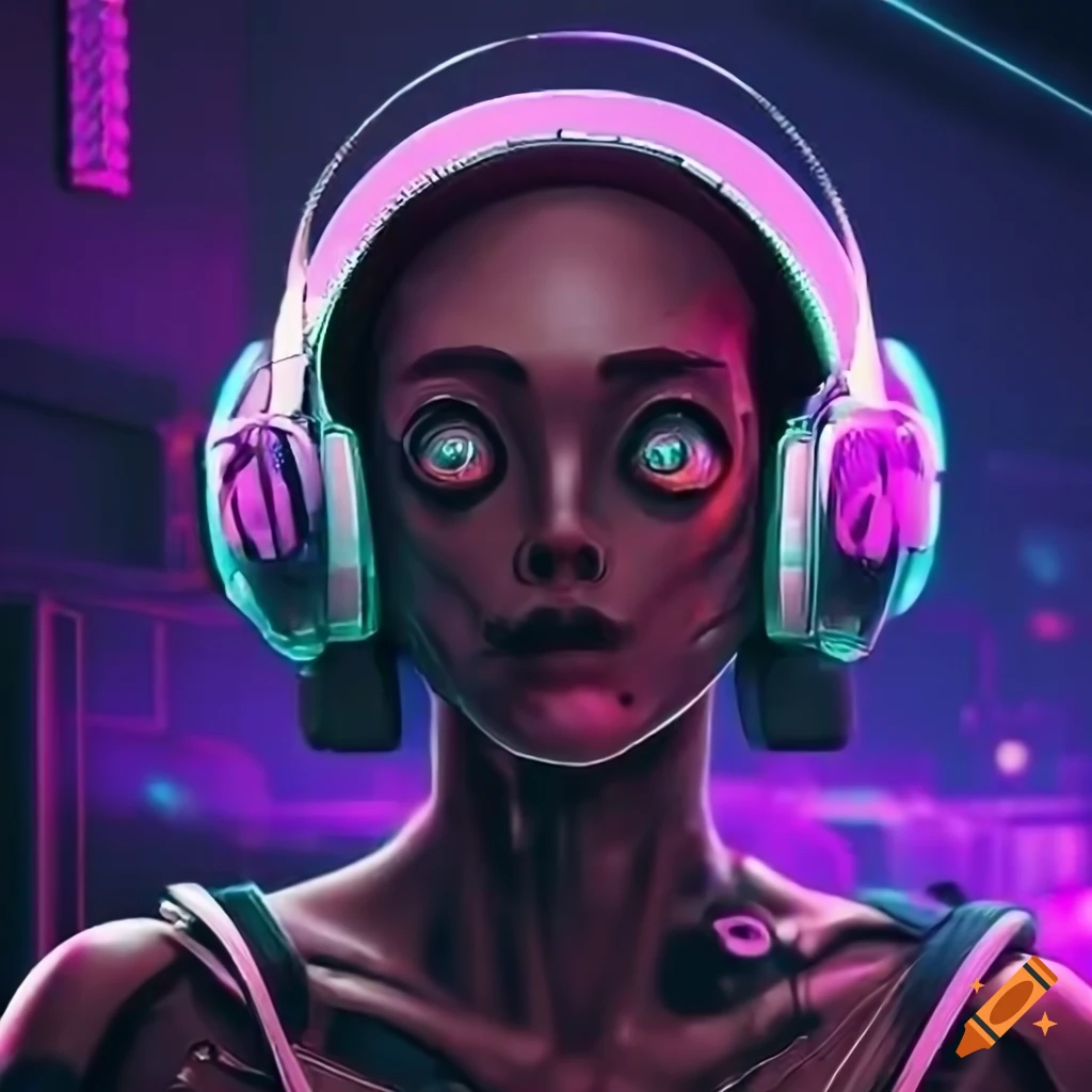 Cyberpunk alien wearing headphones on Craiyon