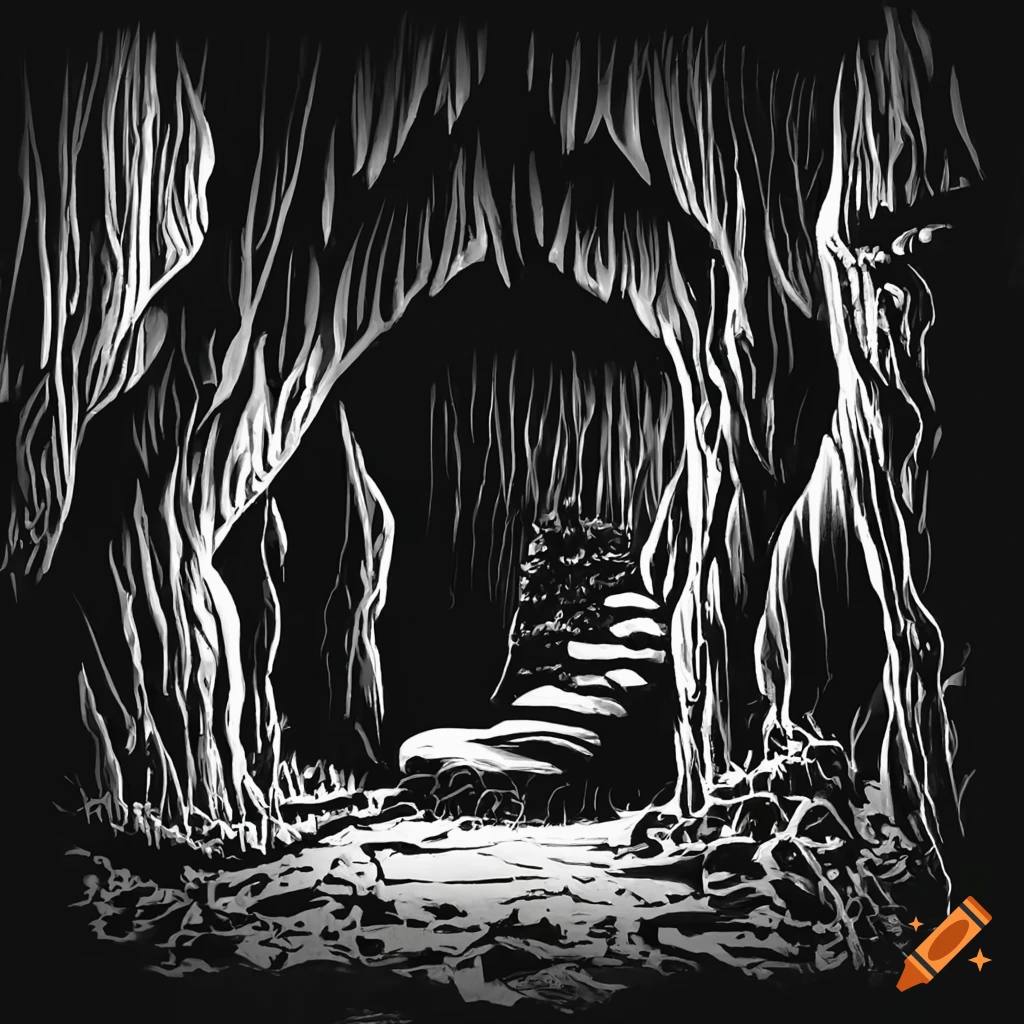 Retro forest cave from 1970s dungeons and dragons game on Craiyon