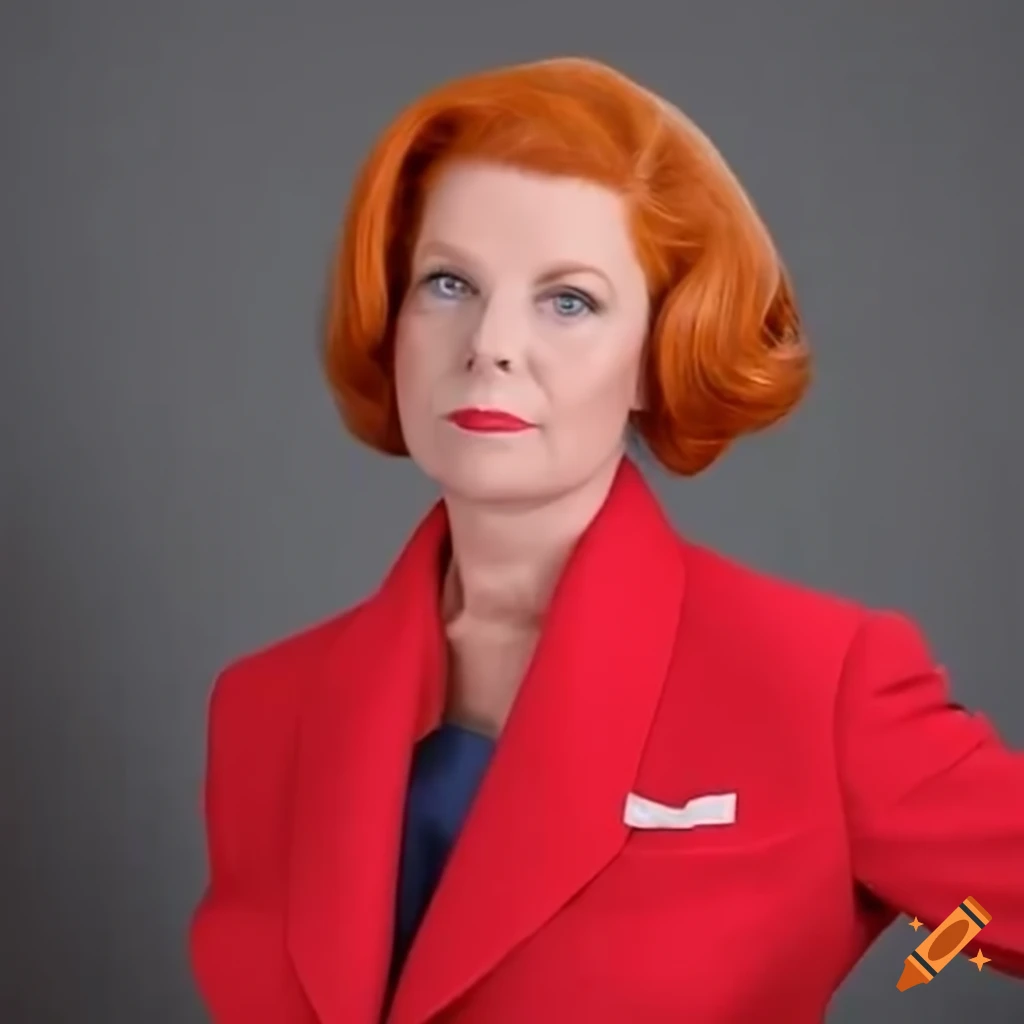 Image of a powerful female politician in a red tuxedo