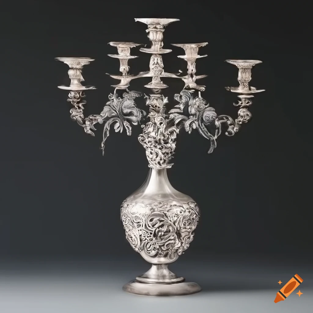 Silver candelabrum oil lamp on blue background
