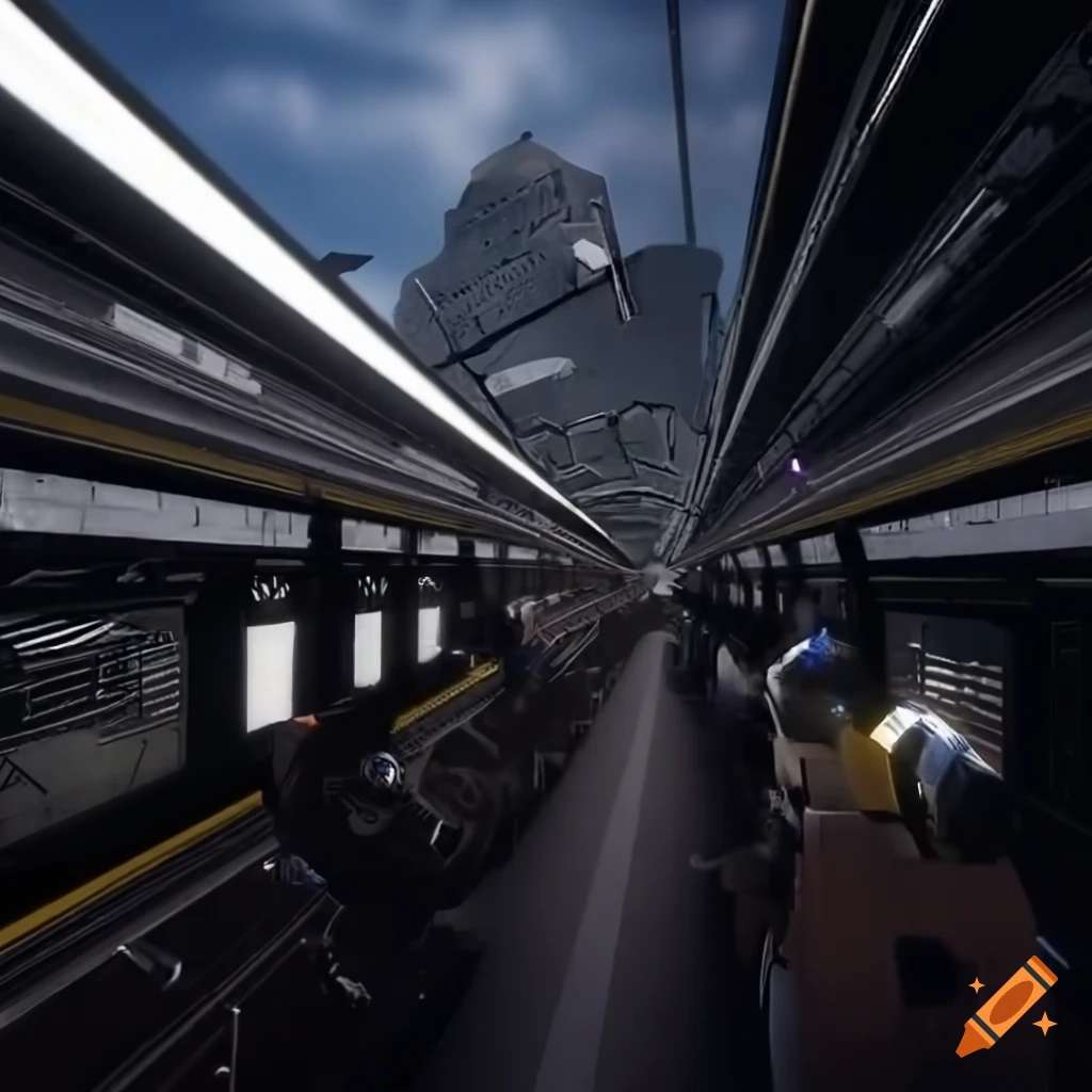 Sci-fi yellow-grey train on futuristic rail in sci-fi city