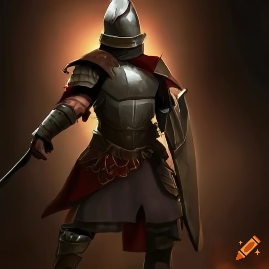 Illustration of a warrior in full plate armor on Craiyon