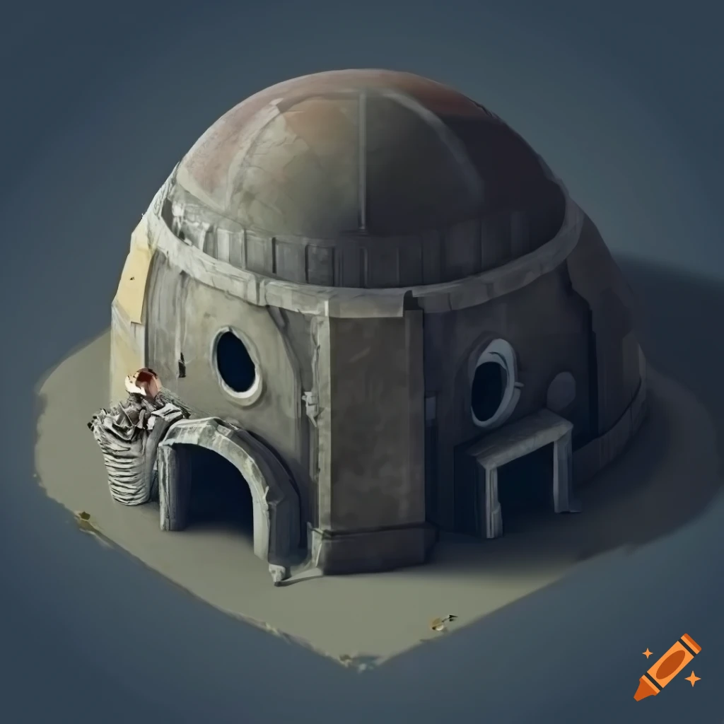 Isometric view of a concrete bunker with cannons and turrets on Craiyon