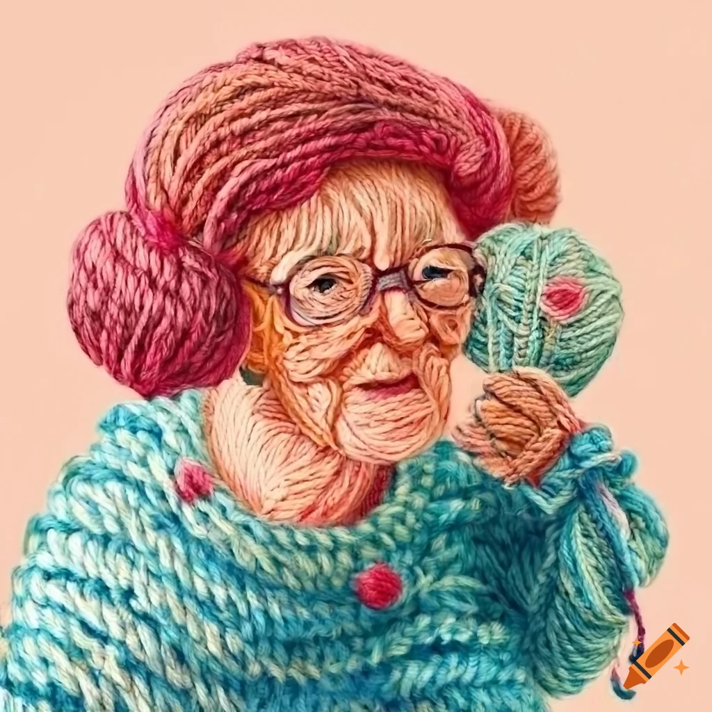 Matisse style fiber art of a smiling elderly lady sitting on Craiyon