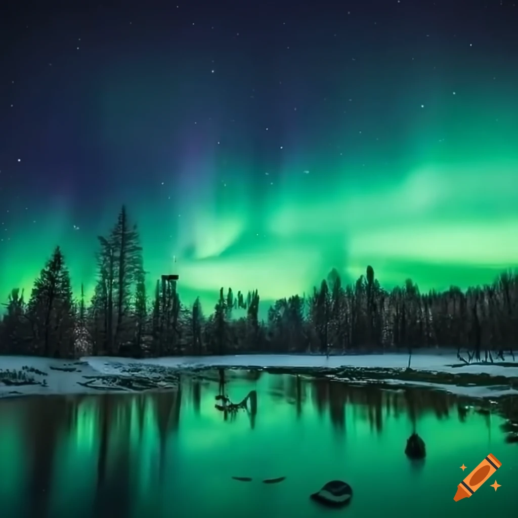 Northern lights above frozen nordic lake in a cinematic scene on Craiyon
