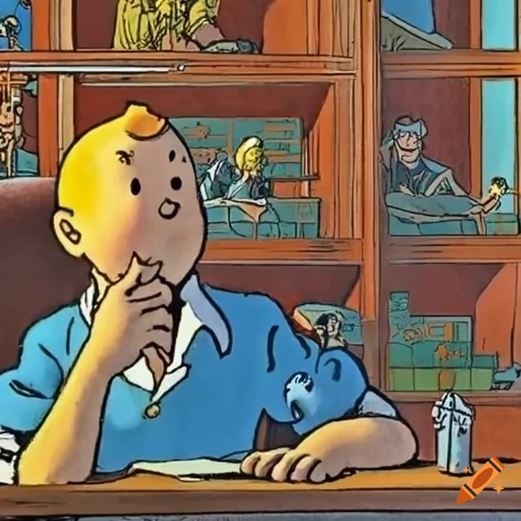 Comic panel of Tintin in his office on Craiyon