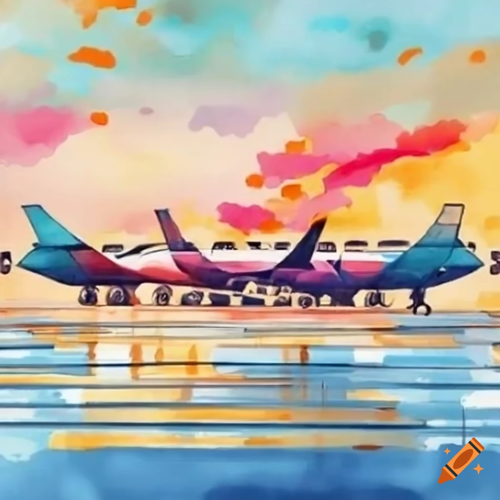 Colorful painting of a luxurious airport terminal