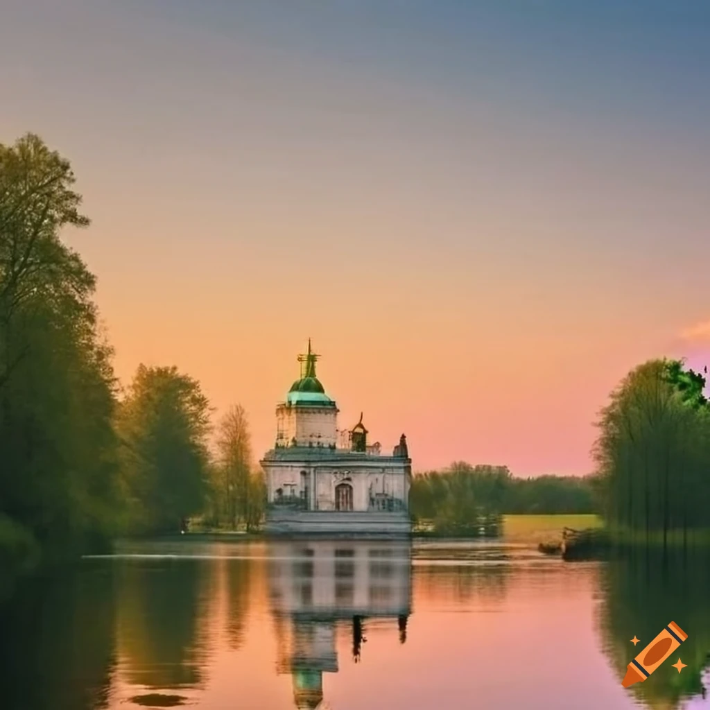 Neoclassical landscape painting with a river and garden on Craiyon