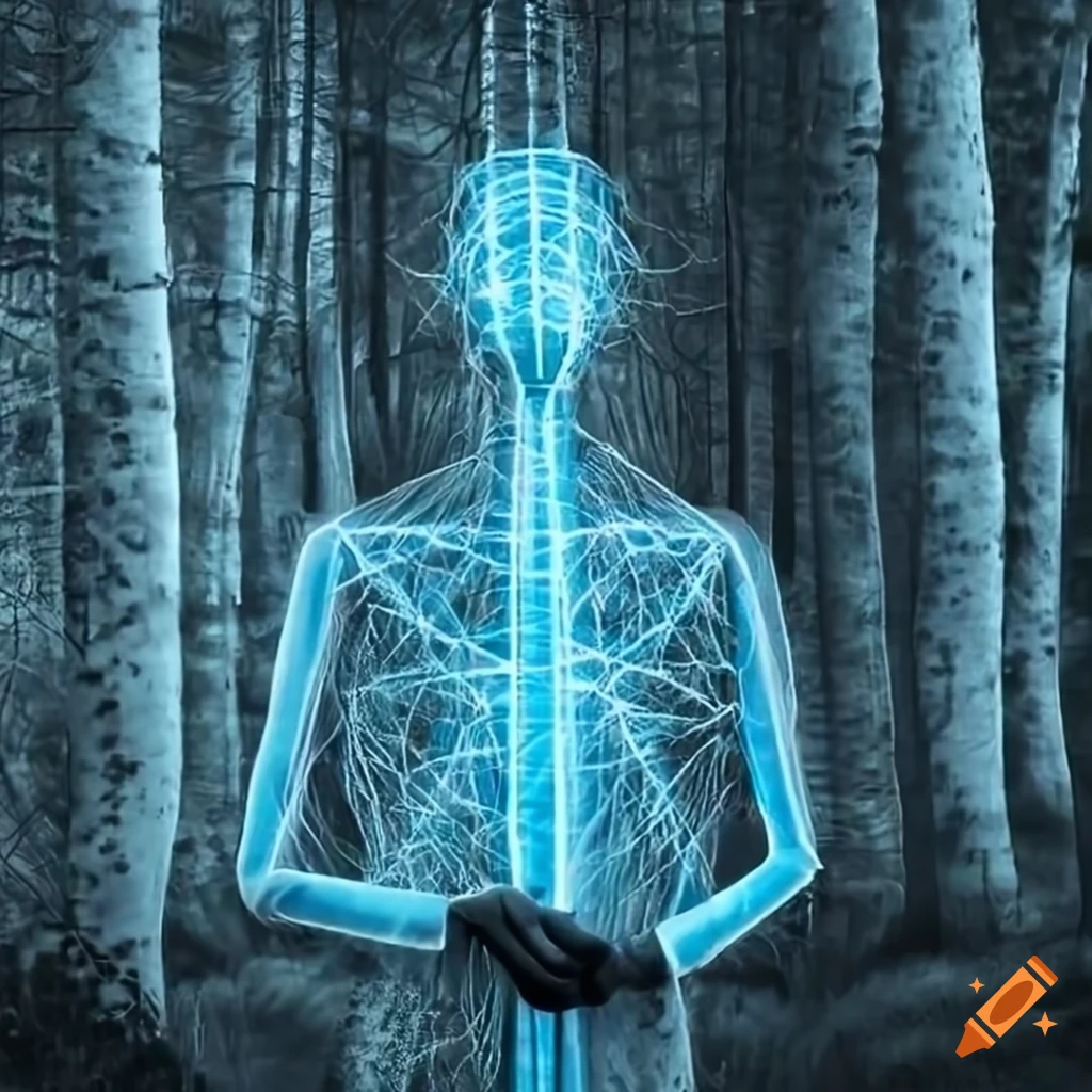 Hyper-realistic blue electricity person in a forest at night on Craiyon