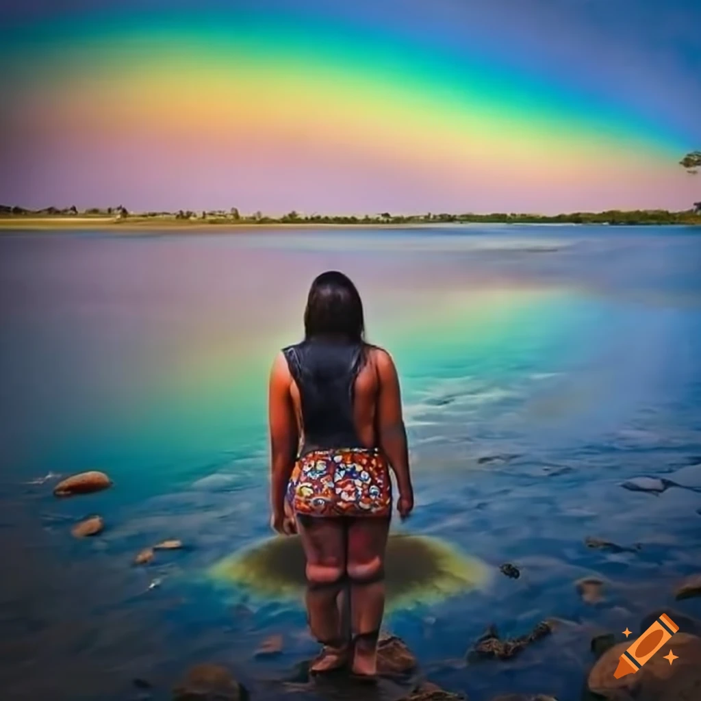 Indigenous woman by a river with rainbow on Craiyon