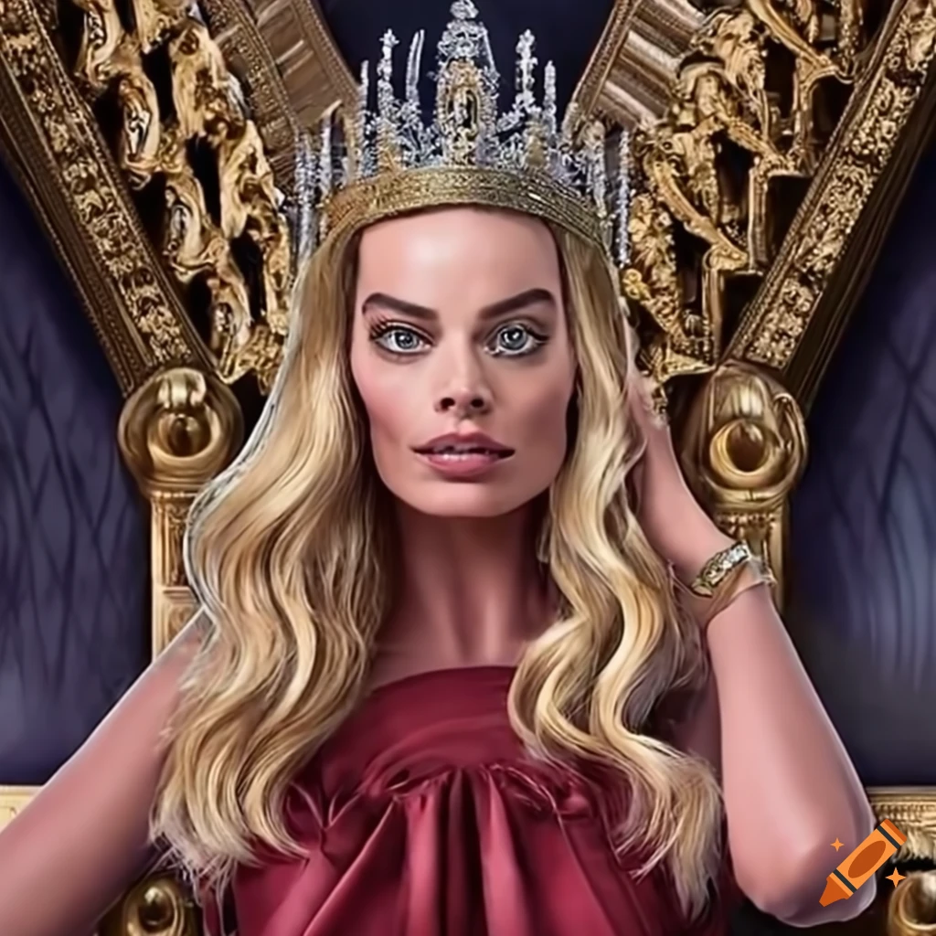 Margot robbie sitting on a throne