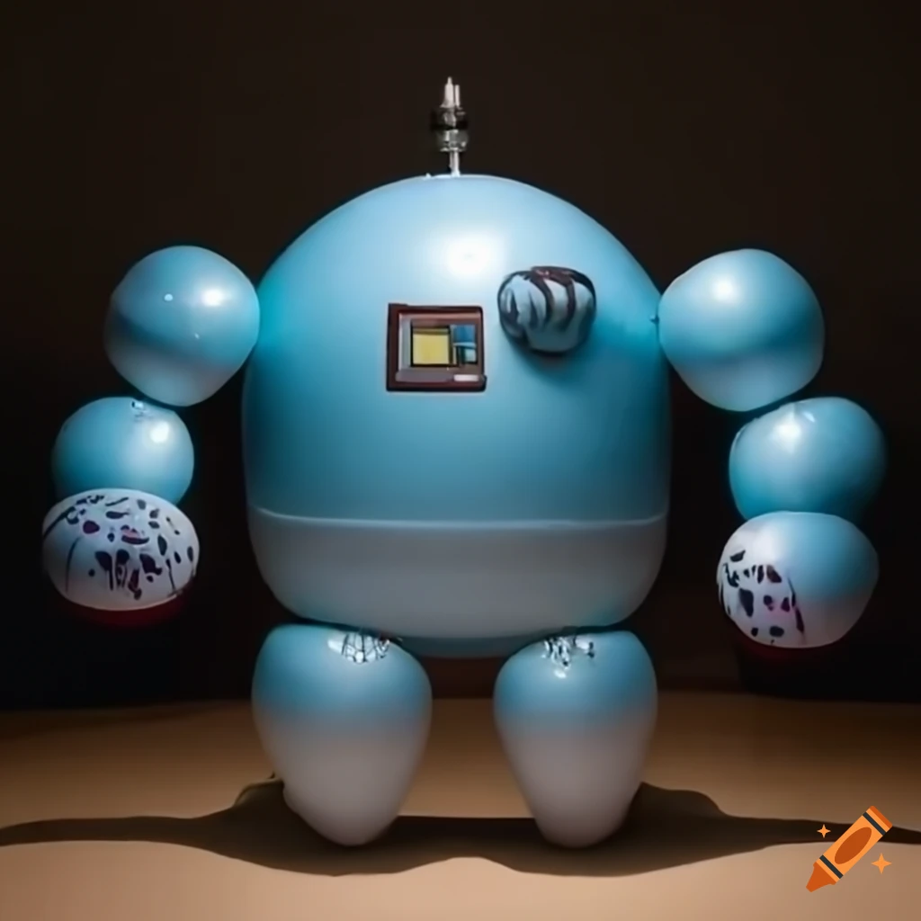 Adorable inflatable robot crawling in a futuristic lab on Craiyon